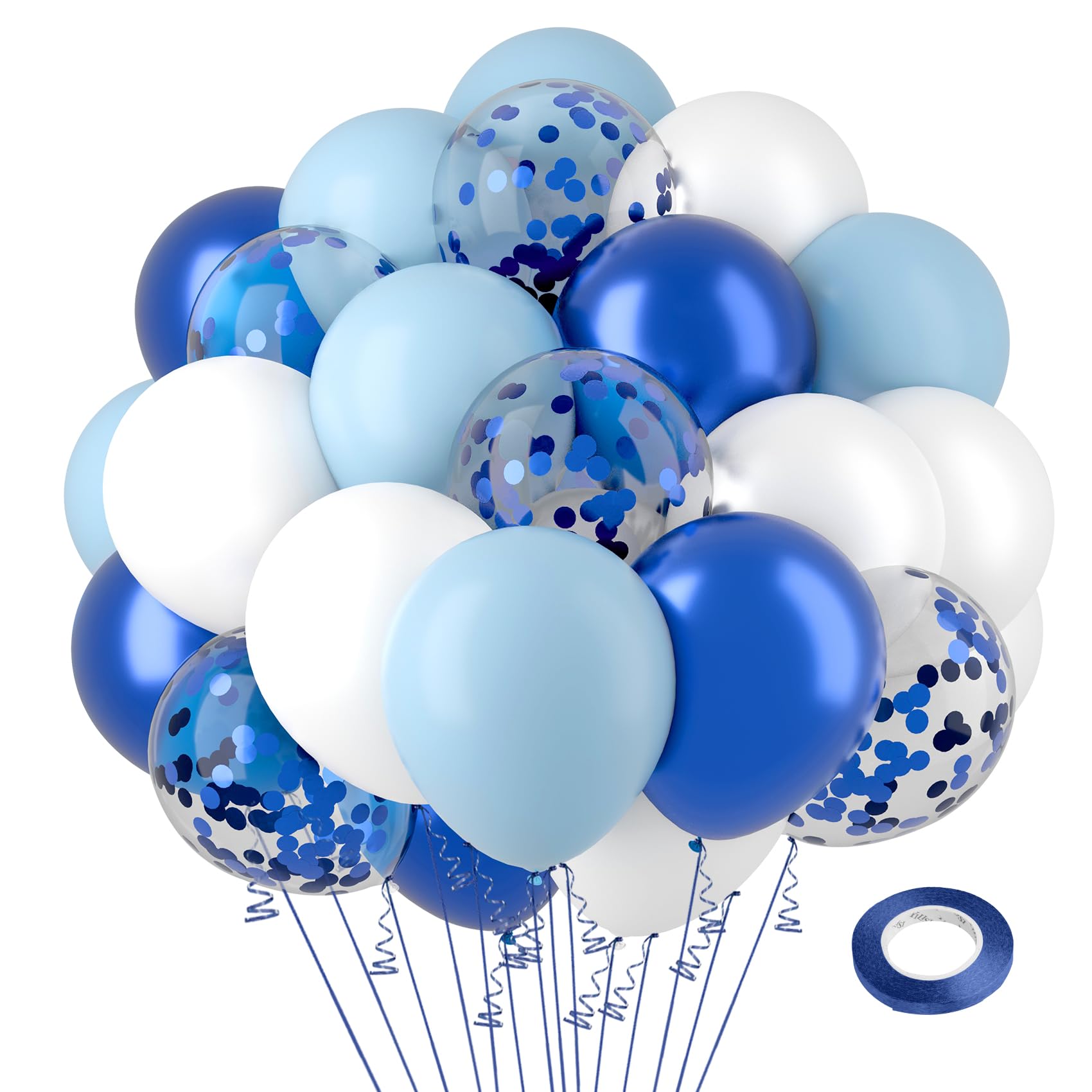 Blue and White Balloons Royal Blue Balloons 12inch 50pcs, Blue Confetti Balloon Blue and White Balloon Arch Kit Light Blue Baby Blue Ballons for Birthday Decorations Wedding Party Baby Shower