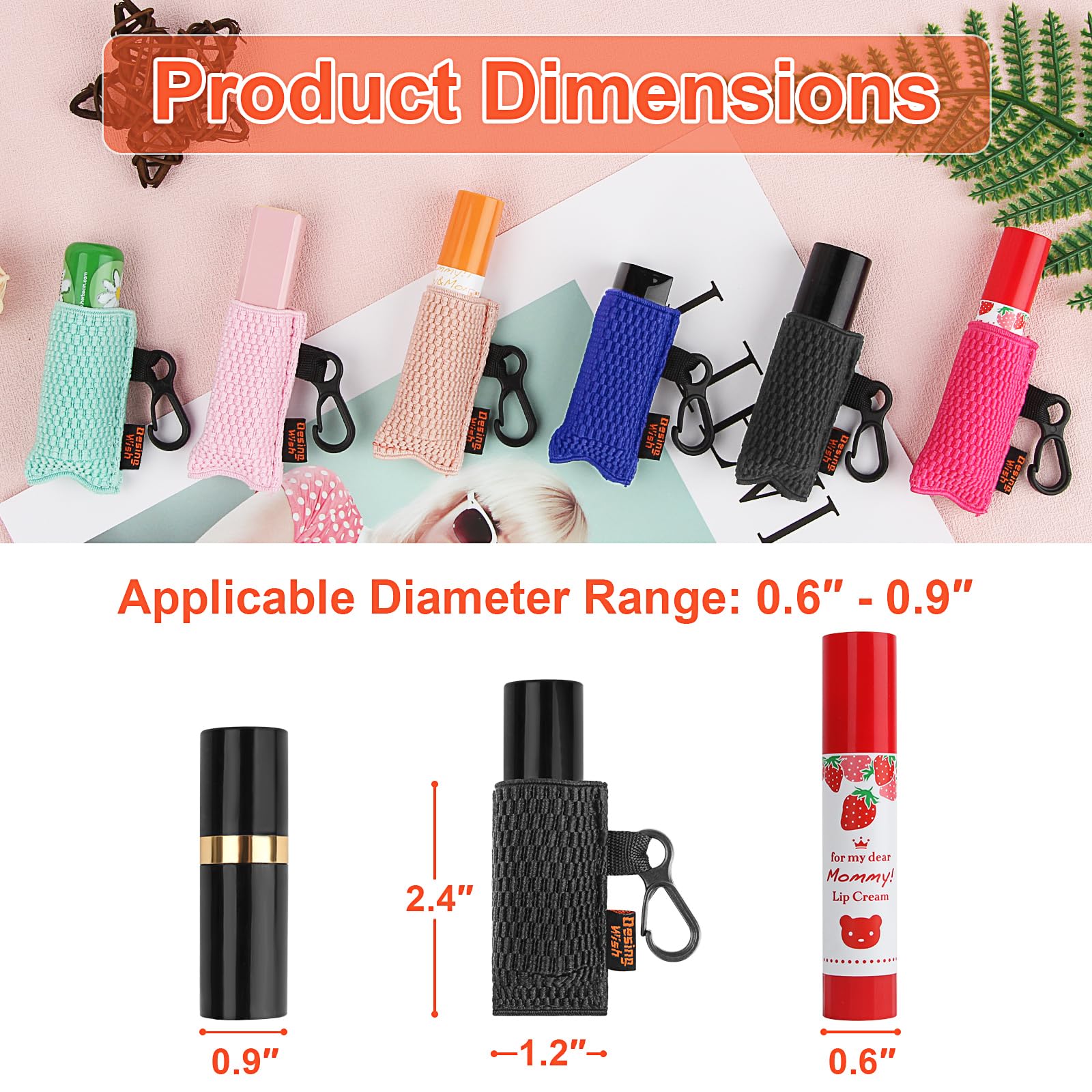 Desing Wish 6 Pack Chapstick Holder Keychain Clip On Lipstick Sleeve Anti-Lost Lip Balm Holder Key Chain Elastic Sleeves for Keys/Purse/Bag/Badge Holder