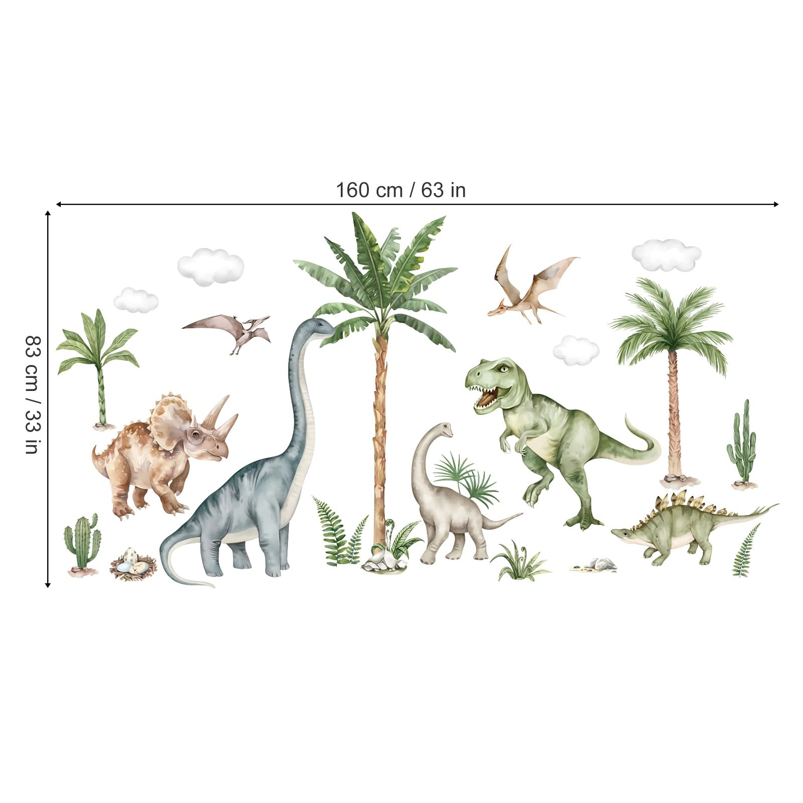 wondever Large Dinosaur Wall Stickers Tropical Animal Dino Palm Tree Plants Wall Art Decals for Boys Room Baby Nursery Kids Bedroom (164 * 83cm)