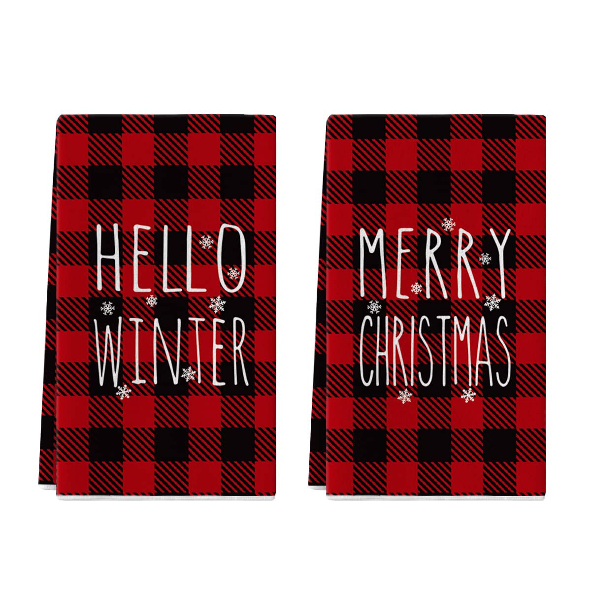 Artoid Mode Buffalo Plaid Merry Christmas Kitchen Towels Dish Towels, 18x26 Inch Hello Winter Seasonal Decoration Hand Towels Set of 2