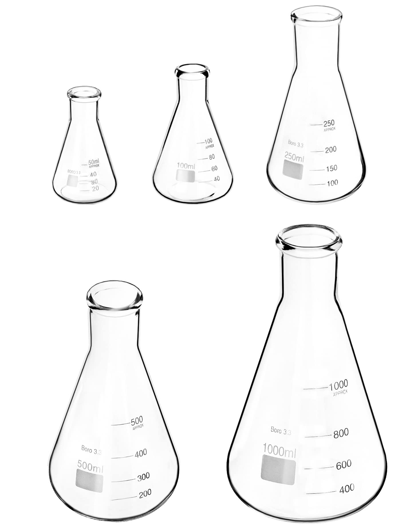 QWORK Erlenmeyer Flask Set - 50ml, 150ml, 250ml, 500ml & 1000ml - Narrow Neck, Clear Graduations - - Borosilicate 3.3 Glass - Ideal for Professional Lab Use
