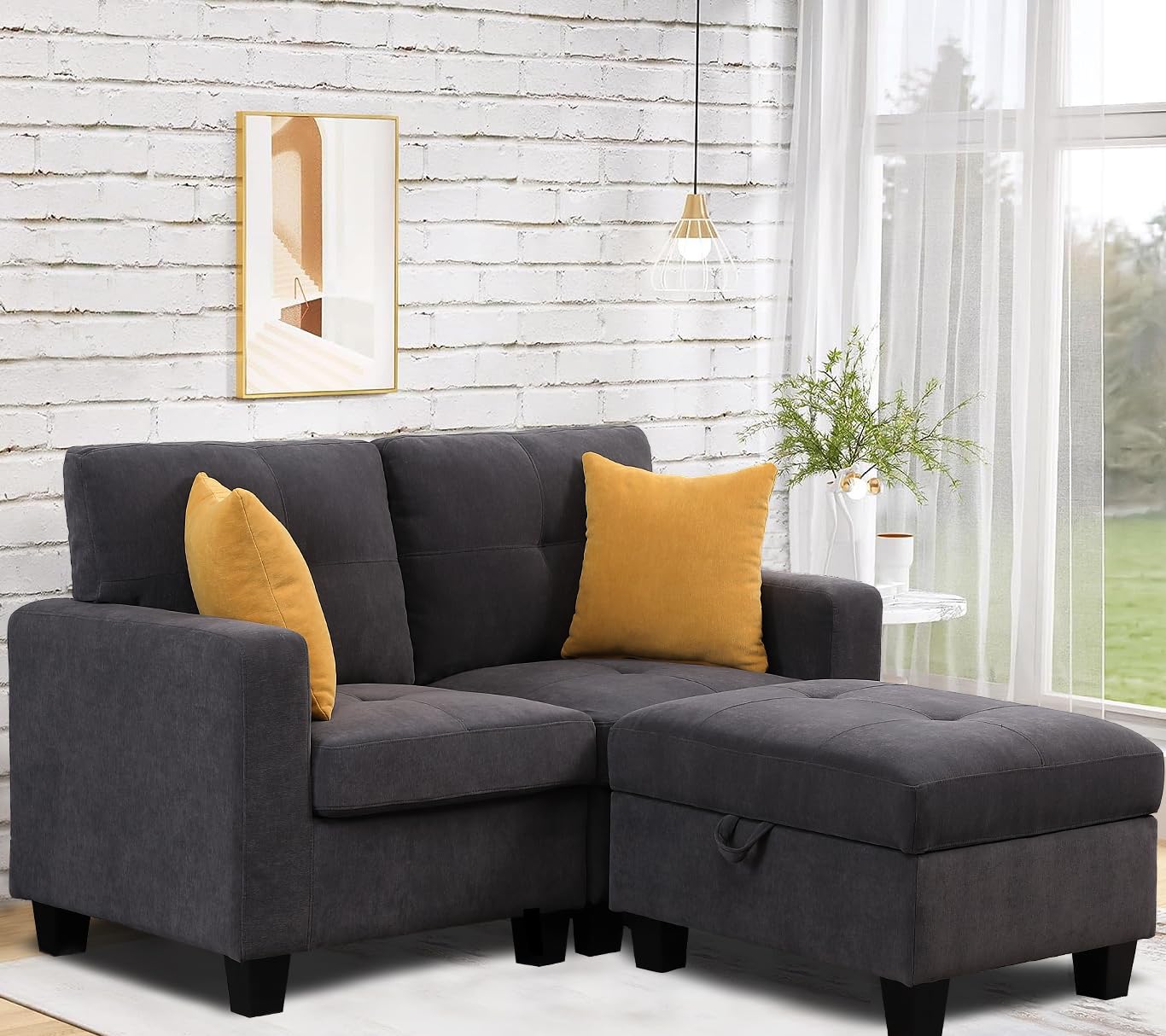 Flesser Loveseat Sofa Small Sectional Couch with Storage Modular Couch Love Seat with Ottoman for Small Spaces Velvet Convertible Bedroom Couch in Dark Grey