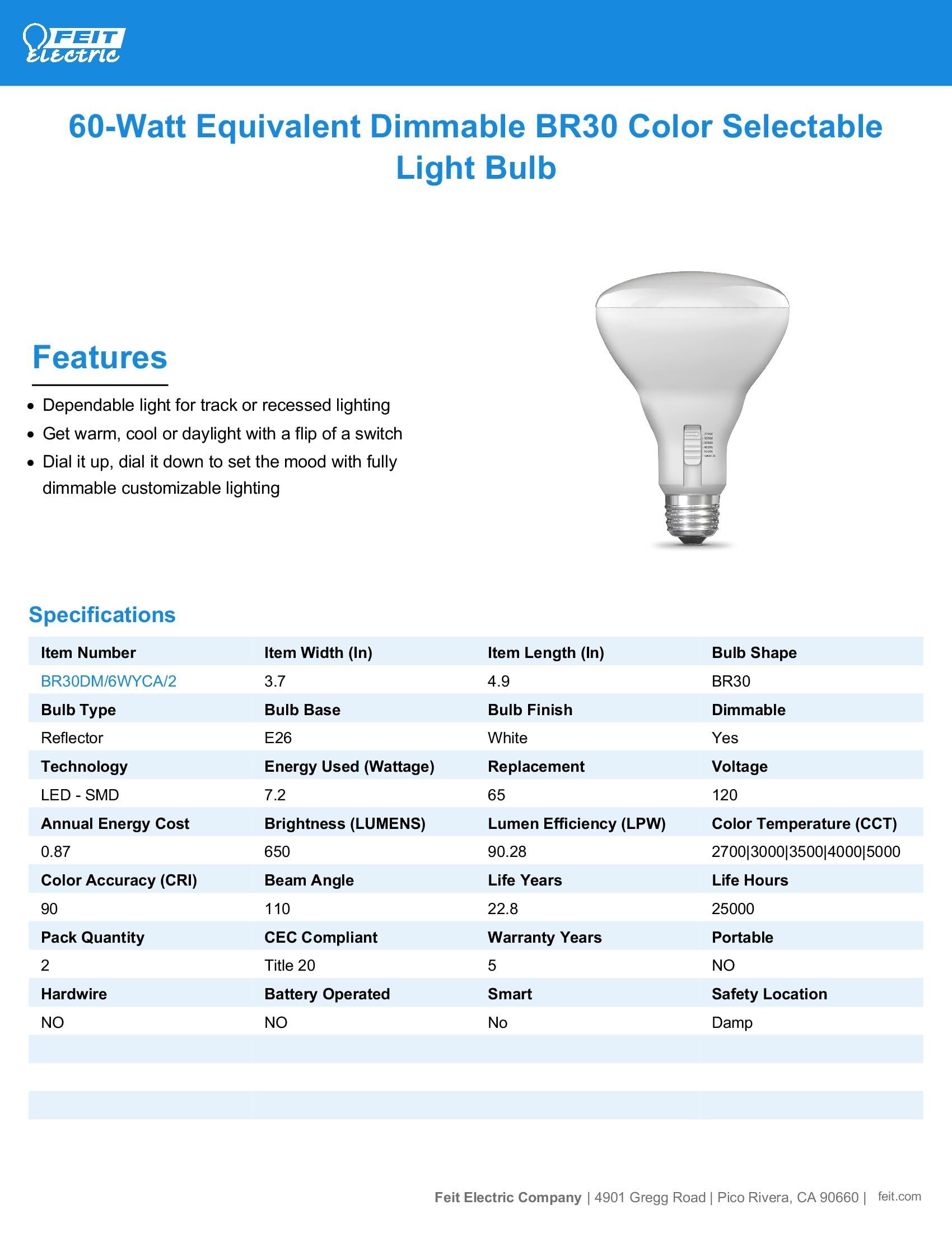 Feit Electric BR30 LED Light Bulb, 65W Equivalent, Dimmable, Color Selectable 6-Way, E26 Medium Base, 90 CRI, 650 Lumens, Damp Rated Recessed Lighting Bulb, 22-Year Lifetime, BR30DM/6WYCA/2, 2 Pack