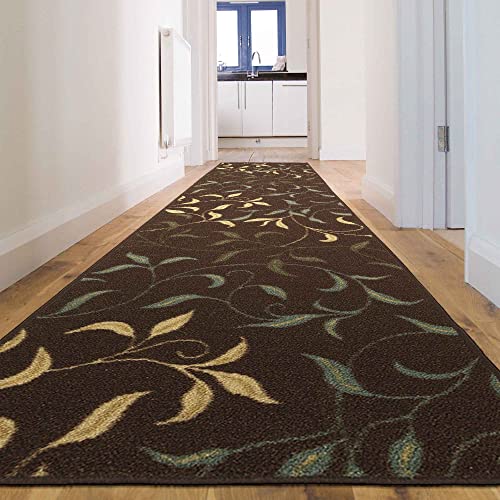 Machine Washable Leaves Design Non-Slip Rubberback 3x10 Traditional Runner Rug for Hallway, Kitchen, Bedroom, Living Room, 2'7" x 9'10", Brown
