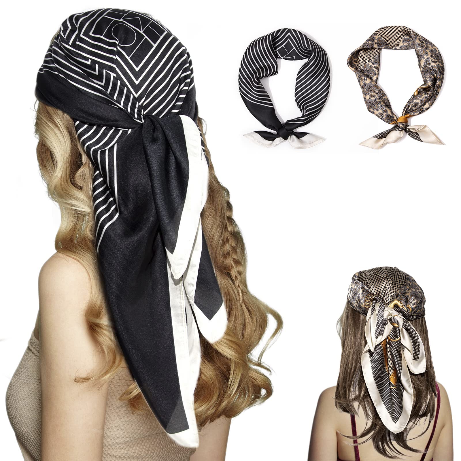 Bestshe 27.5" Satin Square Head Scarves - 2PCS Silk Like Neck Scarf Hair Sleeping Wraps for Women Gift Packed