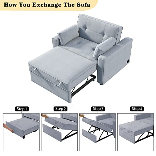 Merax 48 Inch Convertible Sleeper Bed, Multi-Functional Adjustable Sofa Couch Chair with Dual USB Ports and 2 Pillows, Gray(Linen)