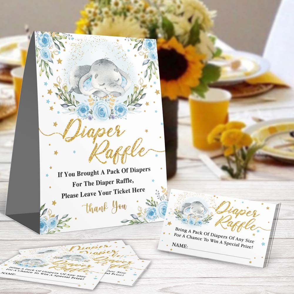Blue Elephant Diaper Raffle Sign, Blue Sleeping Elephant Eucalyptus Baby Shower Raffle Insert Ticket, Bule Flower Baby Shower Decorations