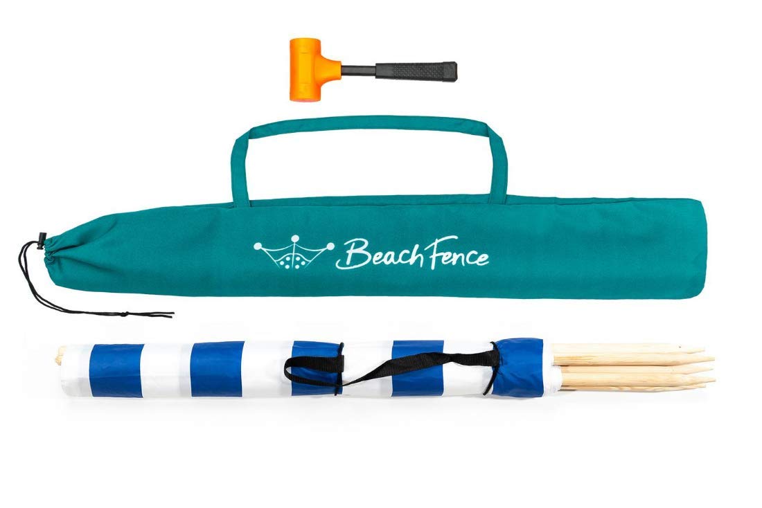 BEACH FENCE 20 ft Beach Windscreen, Privacy Screen, Wind Blocker - Classic Nautical, with Mallet and Bag