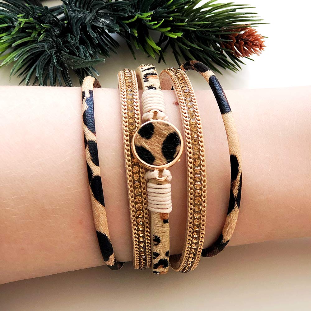ARVATO Leather Wrap Bracelet for Women Trendy (7.68β) Multi Layerd Boho Western Animal Print Cheetah Leopard Bracelet Stackable Cuff Jewelry Mother's Day Christmas Gift