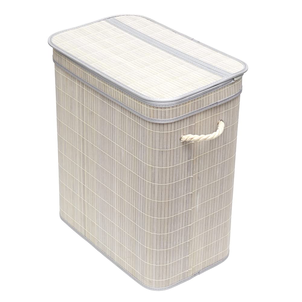 Home Basics 2 Compartment Foldable Rectangle Bamboo Hamper with Liner (Grey)