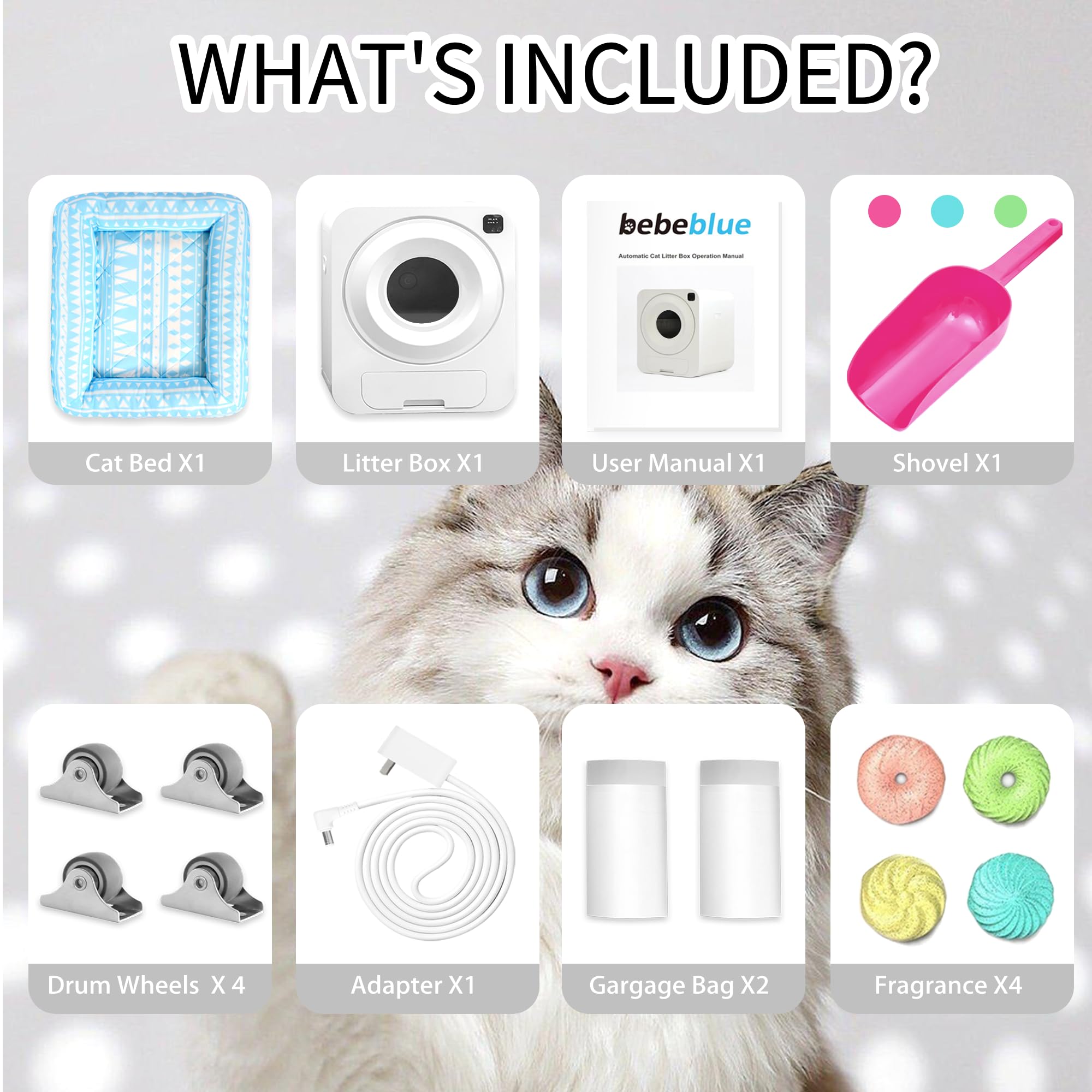 Bebeblue Self Cleaning Cat Litter Box, Automatic Cat Litter Box, No Scooping Odor Removal Health Monitoring Quiet Extra Large Space for Cats Free Cat Bed
