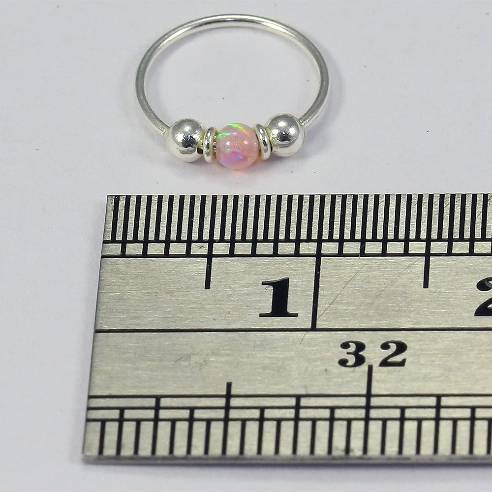 AtoZ Piercing Aurora Borealis Opal Stone Center and Silver Bead Ring 22 Gauge (0.6MM) - 8mm Diameter 925 Sterling Silver Open Hoop Nose Ring Jewelry