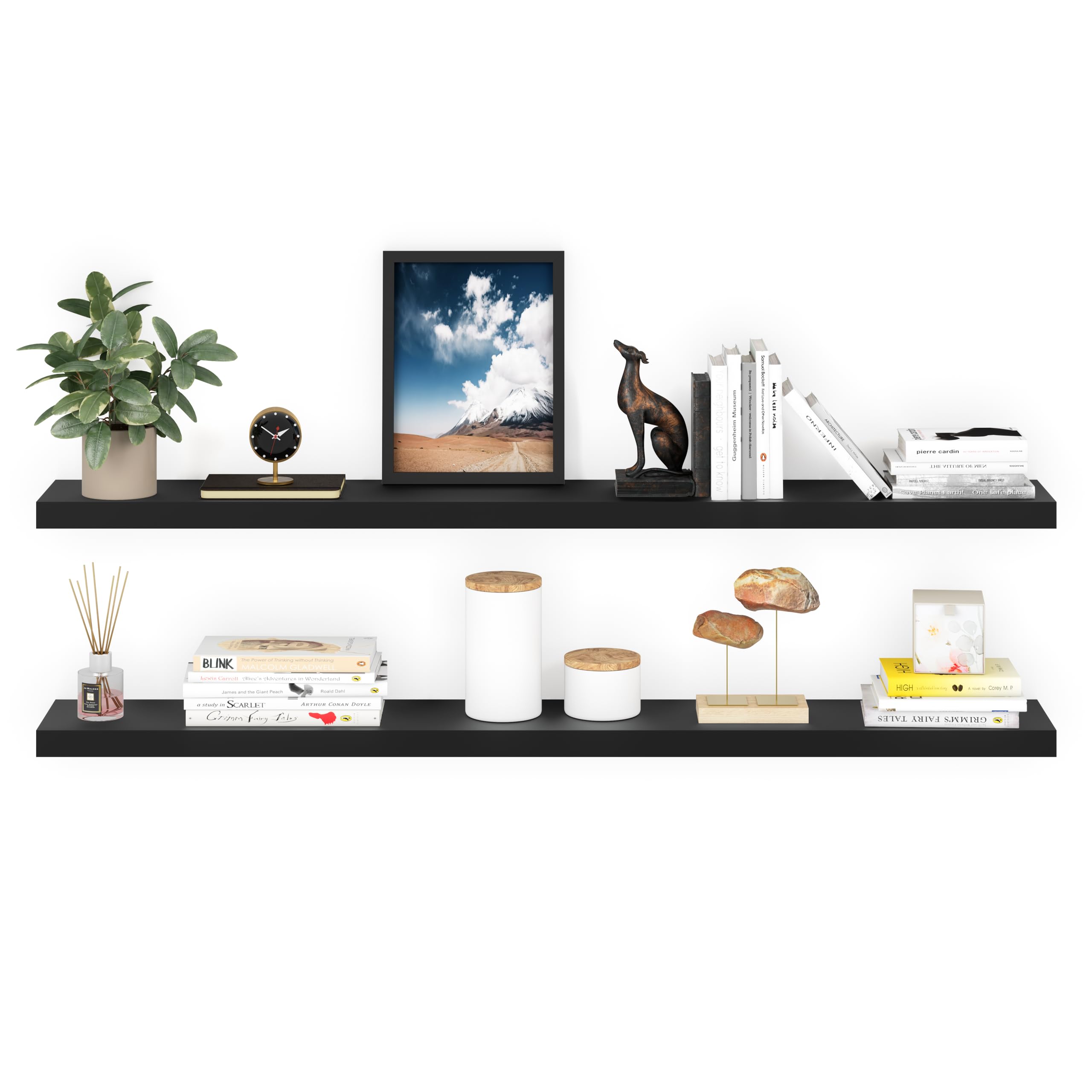 Ballucci Floating Shelves for Wall, 60" Wood Wall Shelf Set of 2, with Invisible Brackets for Bathroom, Living Room, Bedroom, Kitchen, Nursery, 8" Deep, Black