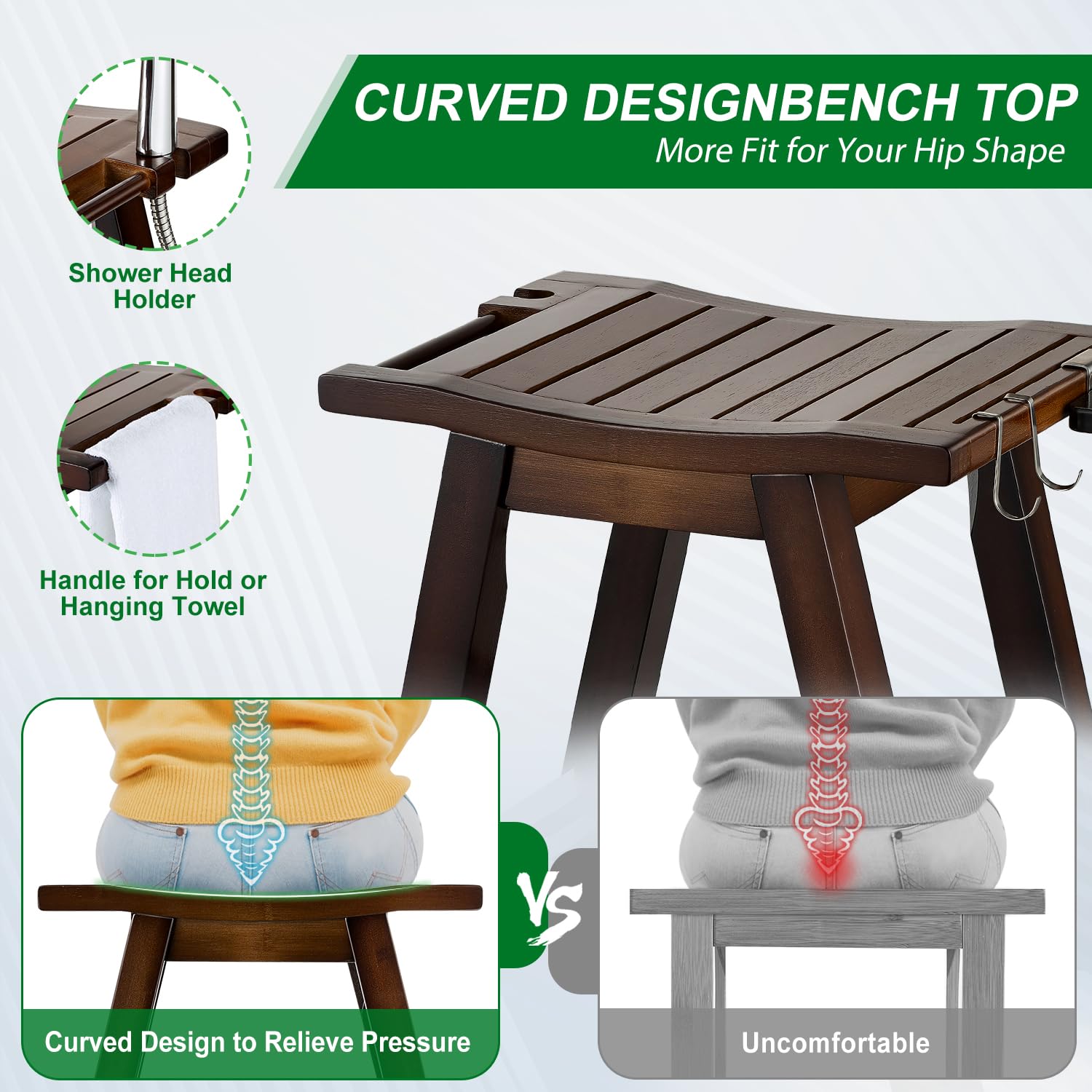 ETECHMART Bamboo Shower Bench, A-Shaped Spa Seat with Storage Shelf for Shaving, Waterproof Shower Chair for Seniors, Adults, and Disabled