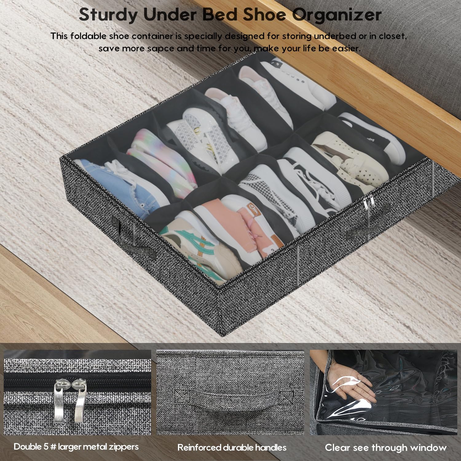 Friday Monkey Large Sturdy Thicken Shoe Storage Box, Clear Shoe Organizer for Closet Underbed, Folding Shoe Rack Sneaker Bin Holder Container Display Case, 16x2 Pairs, Linen-like Black, ZMXAUBS16P2