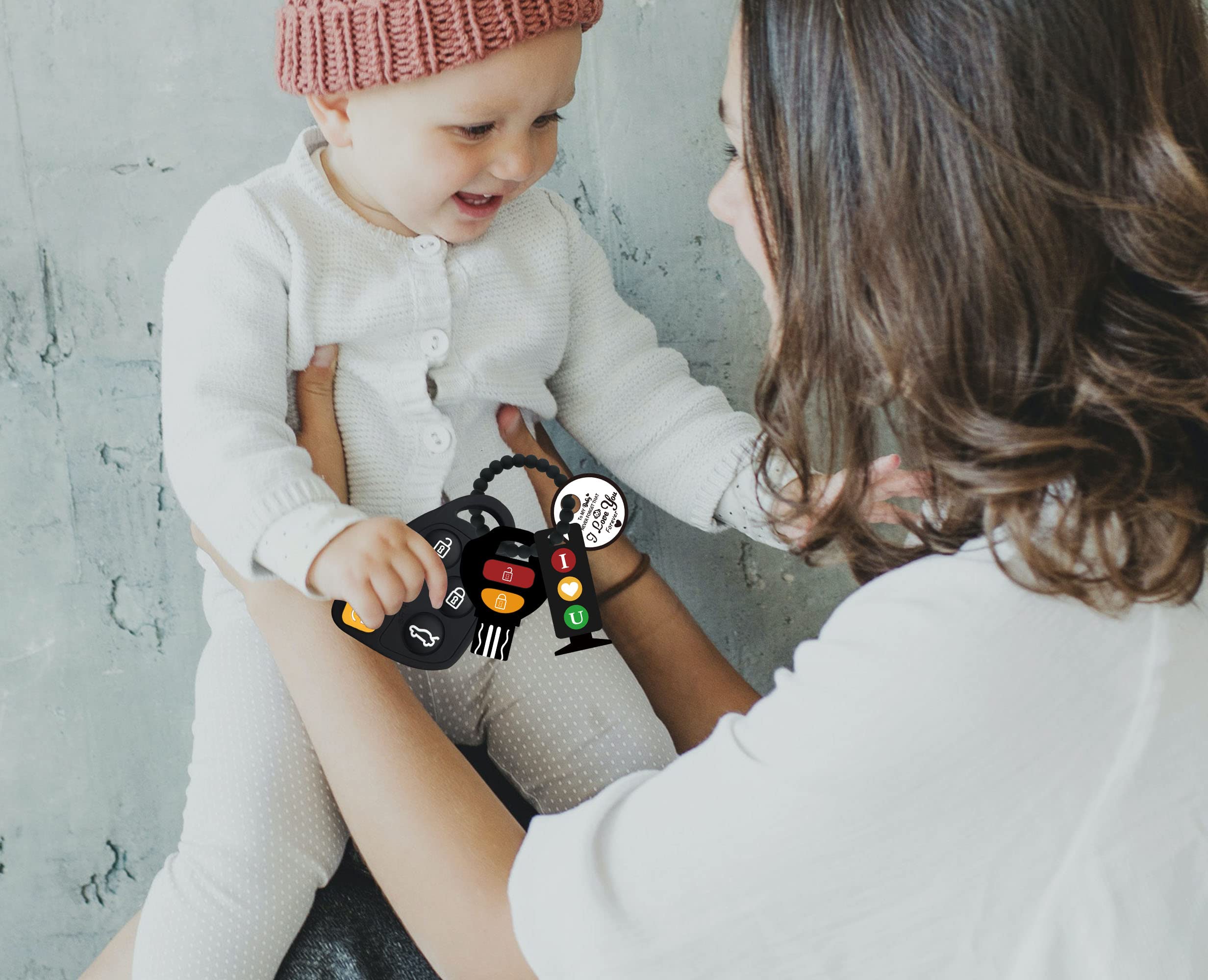 BIGSPINACH Car Keys Teething Toys Combo Set,Traffic Light Keys teether Toy,Teething Car Key Remote Control for Baby Teether Toys 6 to 12 Months（Black）
