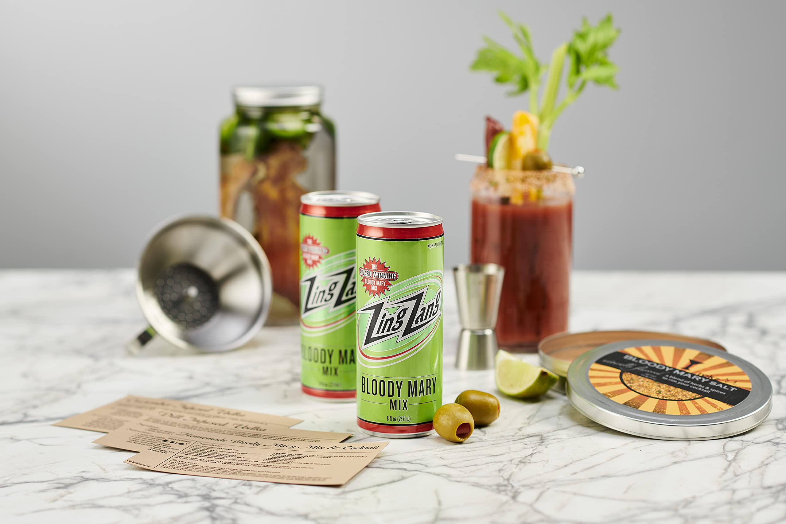 Bloody Mary Cocktail Kit: 16 oz Beer Can Drinking Glass Set | Zing Zang Bloody Mary Mix | Rokz Salt Tin | Infusion Jar | Bar Spoon | Jigger | Garnish Picks | Recipe Cards