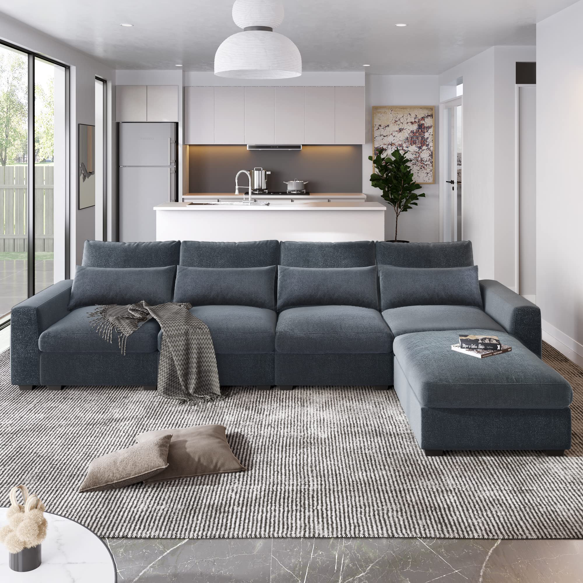 KEVINSPACE 129.9" L-Shaped Sofa Modern 3 Seat Upholstered Couch Reversible Sectional Sofa with Removable Ottomans Solid Wood Legs and Waist Pillows for Living Room, Bedroom, Dark Gray