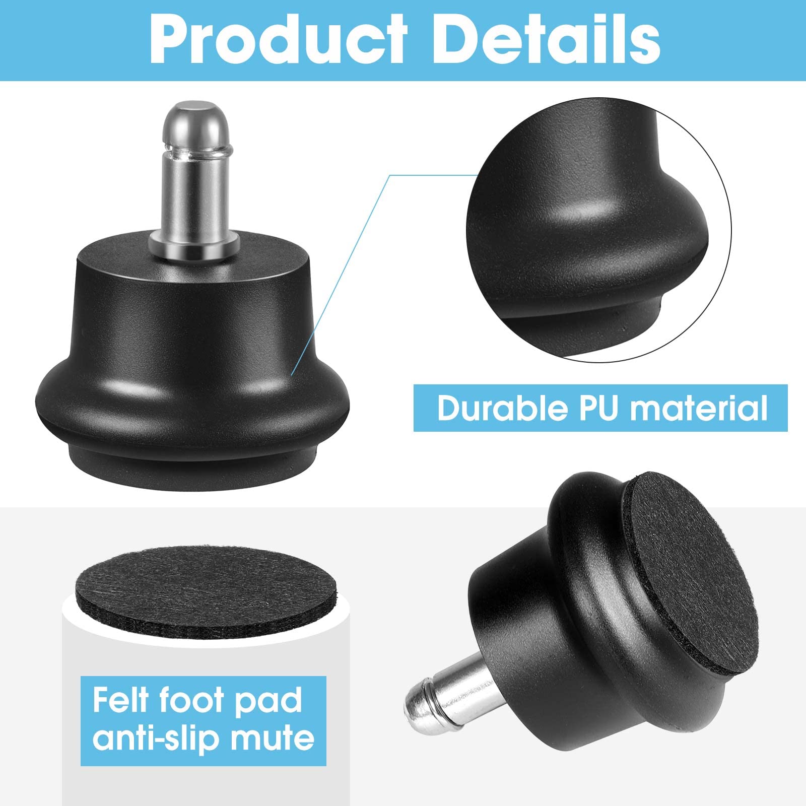 Bell Glides Replacement Office Chair Swivel Caster Wheels to Fixed Stationary Castors,with Separate Self Adhesive Felt Pads for Carpet,Desk Chair Feet Wheel Stopper, Black 5 Pcs