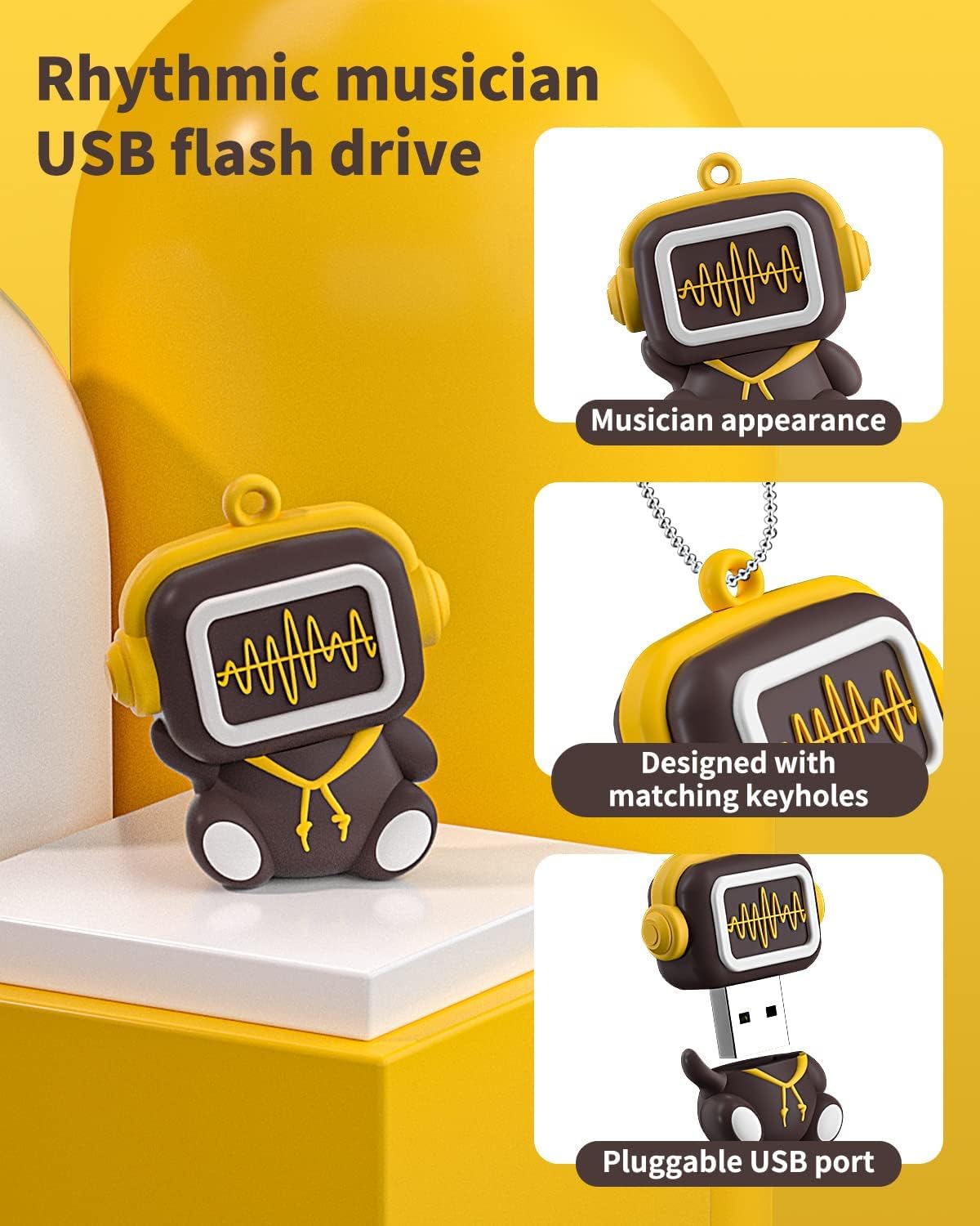 Bilious Cute Rhythmic Musician Shaped USB Flash Drive, Thumb Drive 64gb Waterproof USB 2.0 Memory Stick Small Size USB Drive Gift (64GB, Blue)