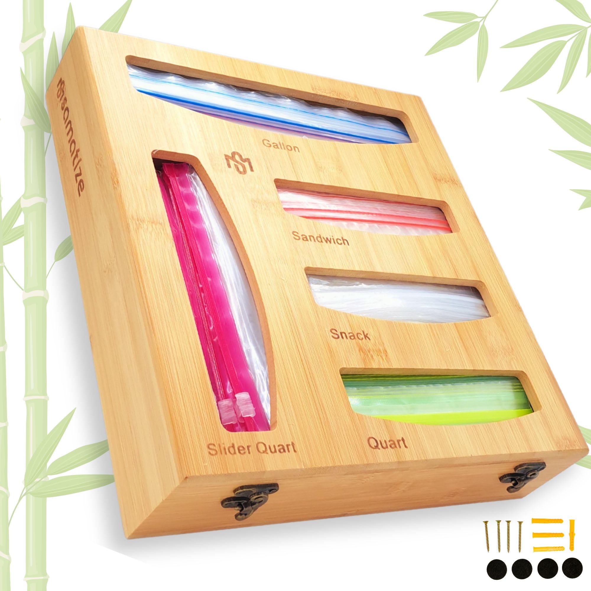 SAMATIZE Storage Bag Organizer, Baggie Organizer for Drawer or Wall Mount, Compatible with Gallon, Quart, Sandwich, Snack Size Bags, 1 Box 5 Slots,Bamboo Drawer Organizer, Bag Organizer