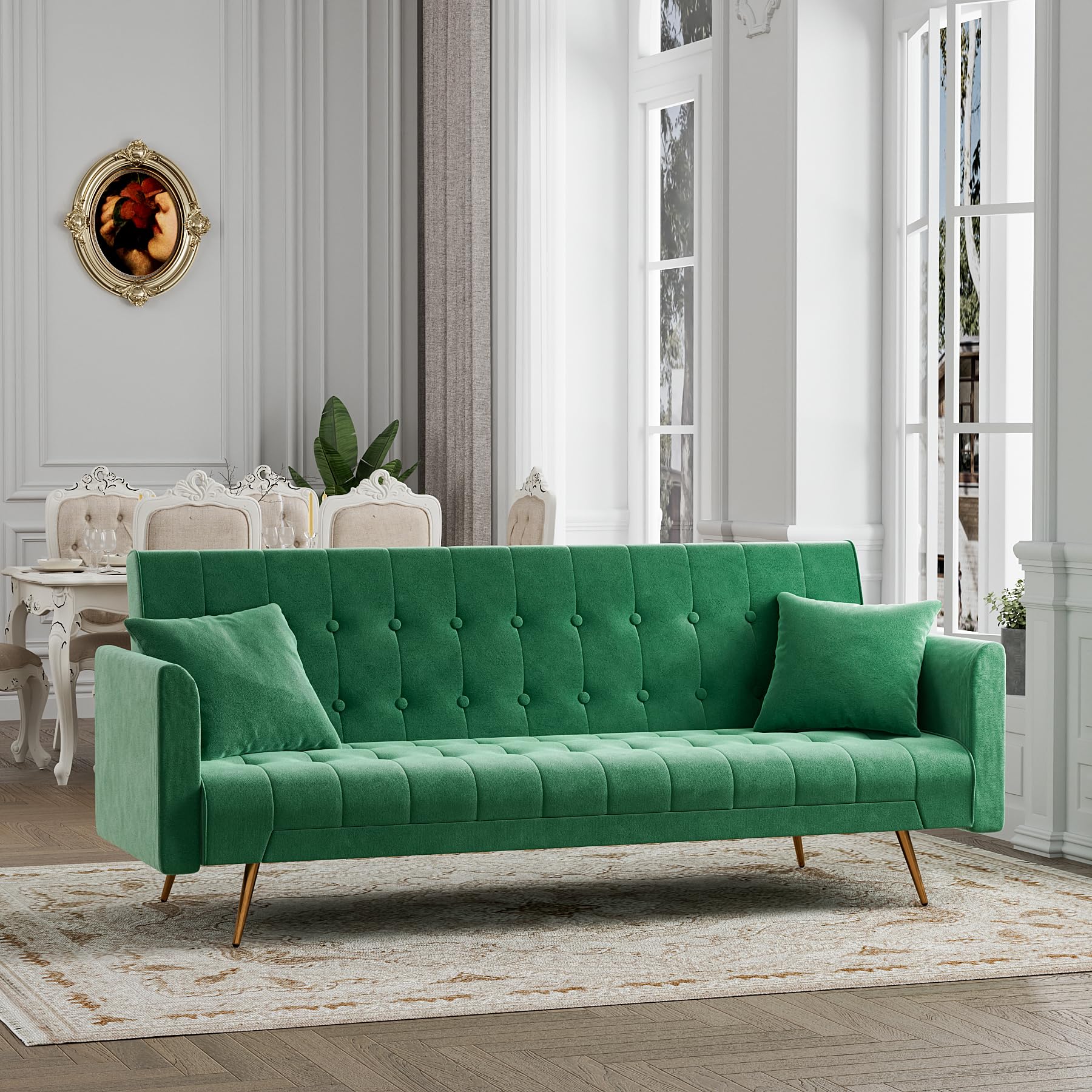 OUYESSIR Velvet Futon Sofa Bed, Convertible Futon Couch, Sturdy Sleeper Sofa in 71 inch, Small Futon Sofas (Green)