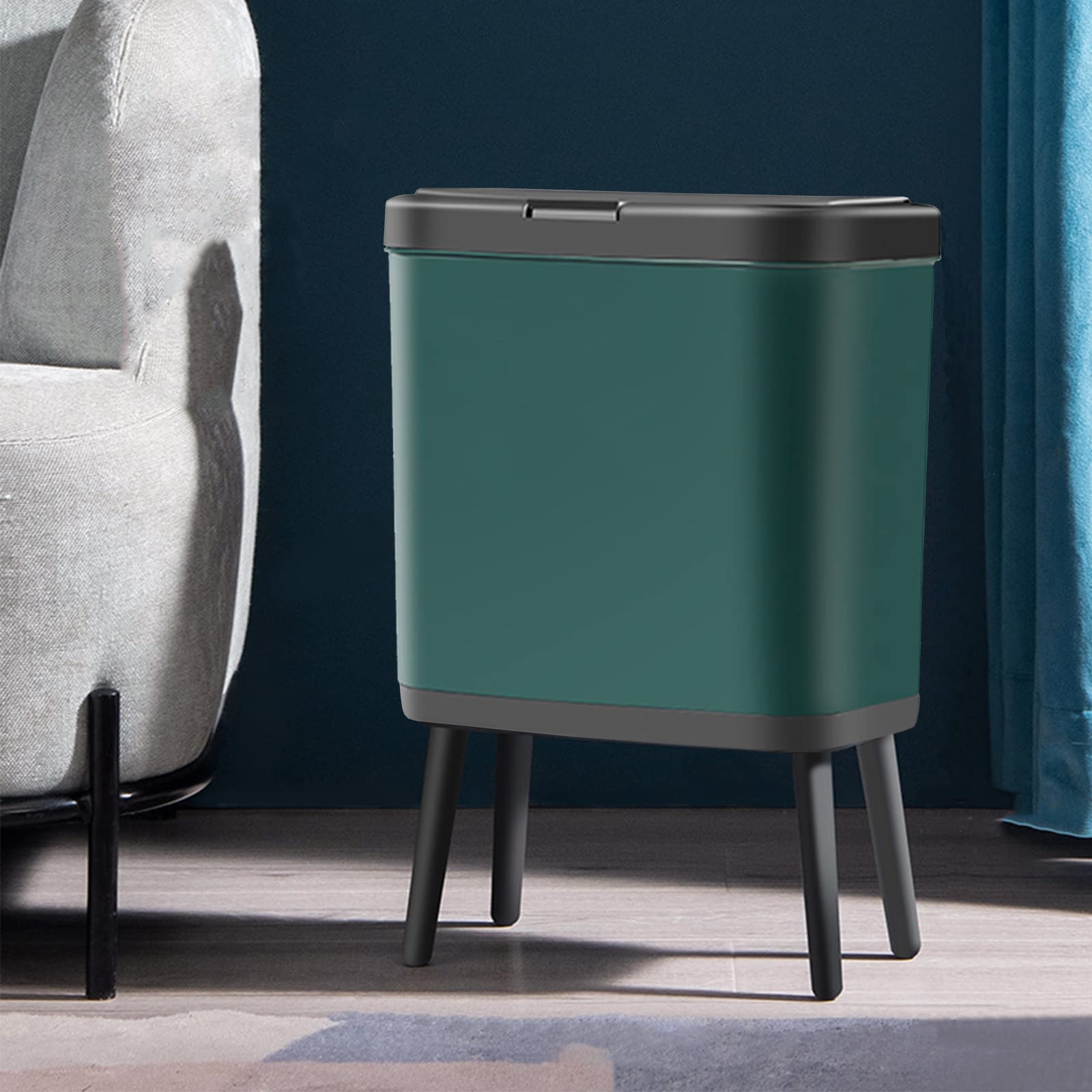 URALFA Slim Trash Can with Lid, Modern Kitchen Garbage Can Narrow Trash Can with Legs, 4 Gallon Garbage Bin Plastic Waste Basket Gold Edge for Bathroom, Office, Bedroom, Living Room, Green