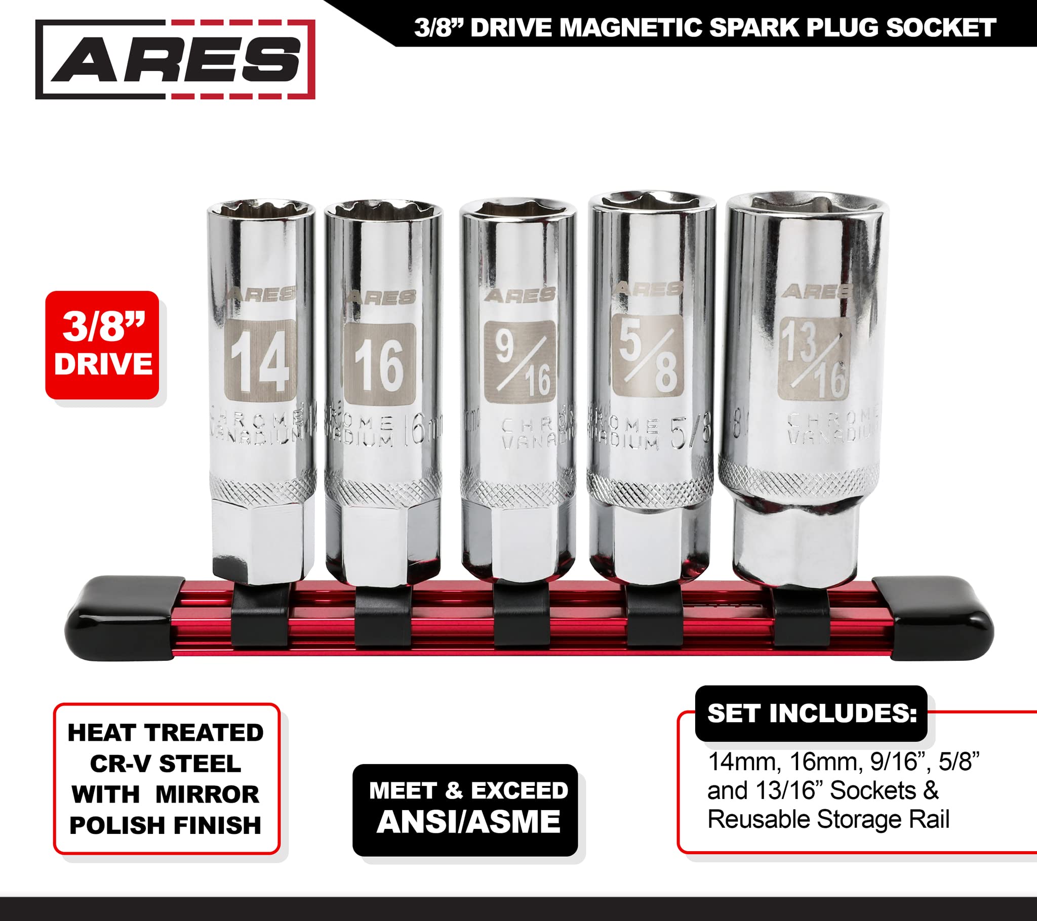 ARES 11016-5-Piece Magnetic Spark Plug Socket Set - Includes 14mm and 16mm Thin Wall Sockets and 9/16-inch, 5/8-inch, and 13/16-inch Sockets - Convenient Reusable Storage Rail Included