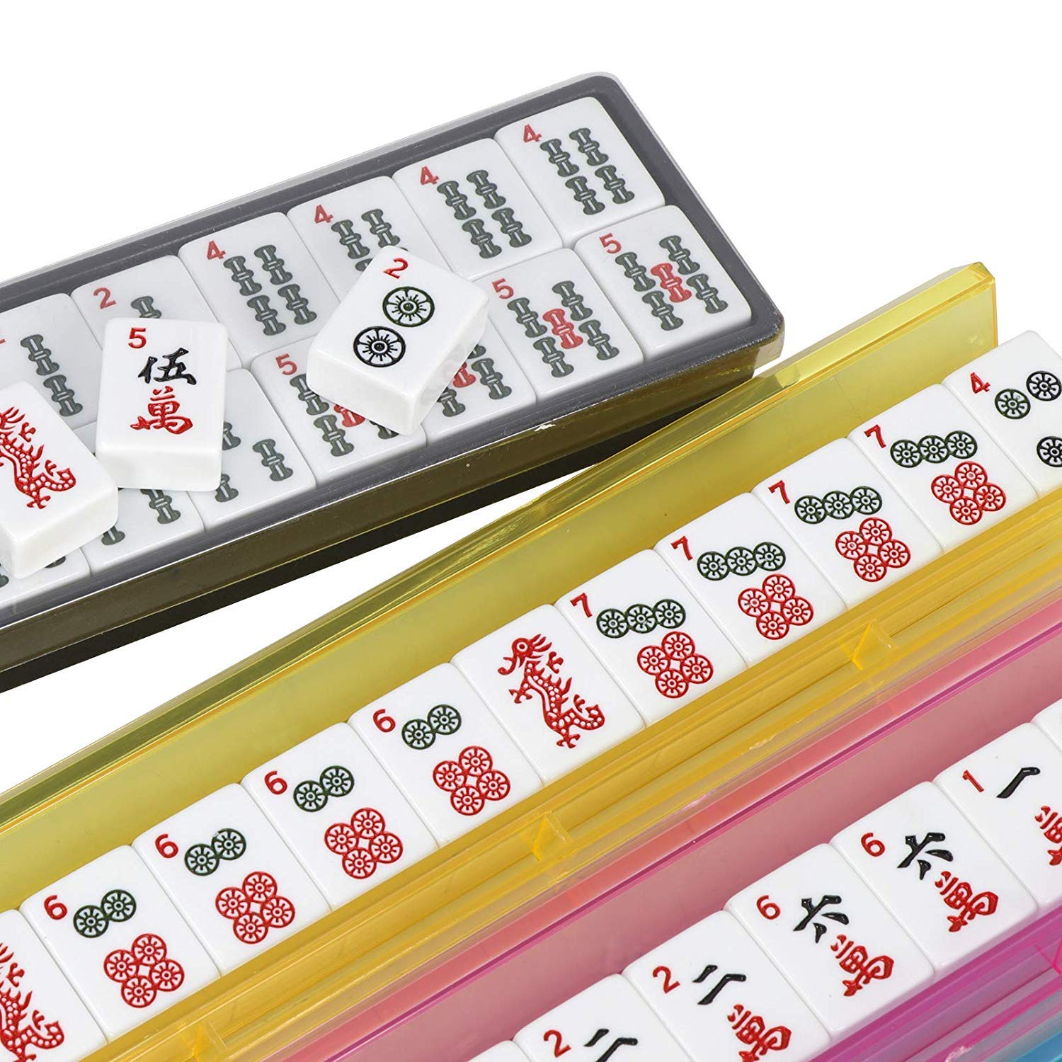 HNDTEK American Mah Jongg Mahjong Set 166 Tiles, 4 Colors All-in-One Rack/Pushers, Red Soft Bag and Accessories –Classic Full Size Complete Mahjongg Mah Jong Set
