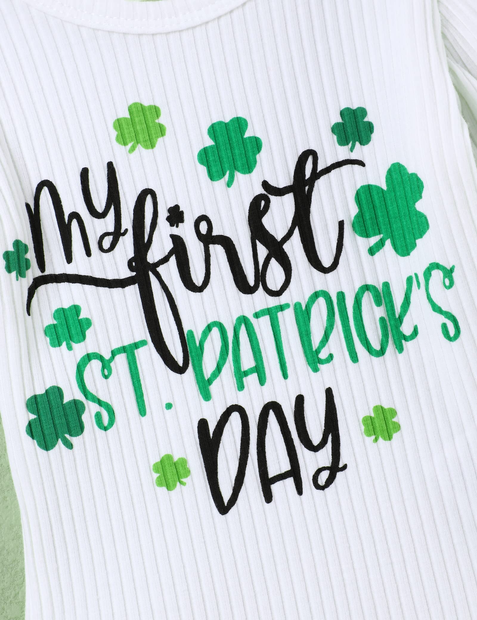 bilison St Patricks Day Baby Girl Outfit My First St Patricks Day Romper Tops Four Leaf Clover Flare Pants with Headband Set