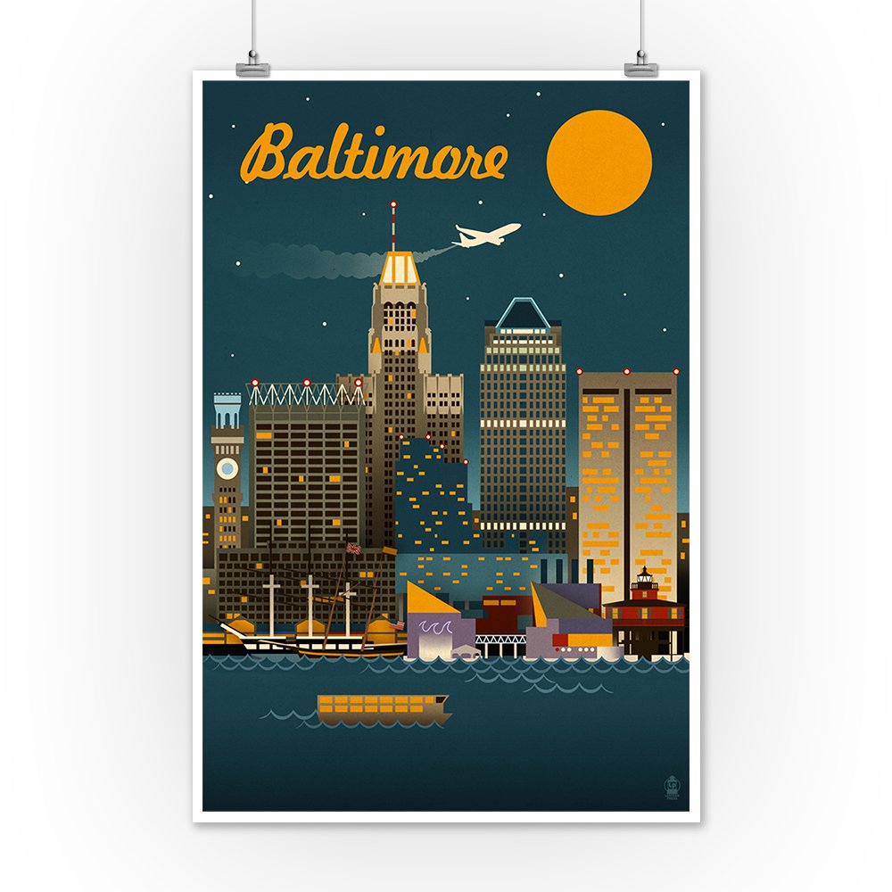 Baltimore, Maryland, Retro Skyline (12x18 Hand Signed Print Master Wall Art, Poster Decoration)