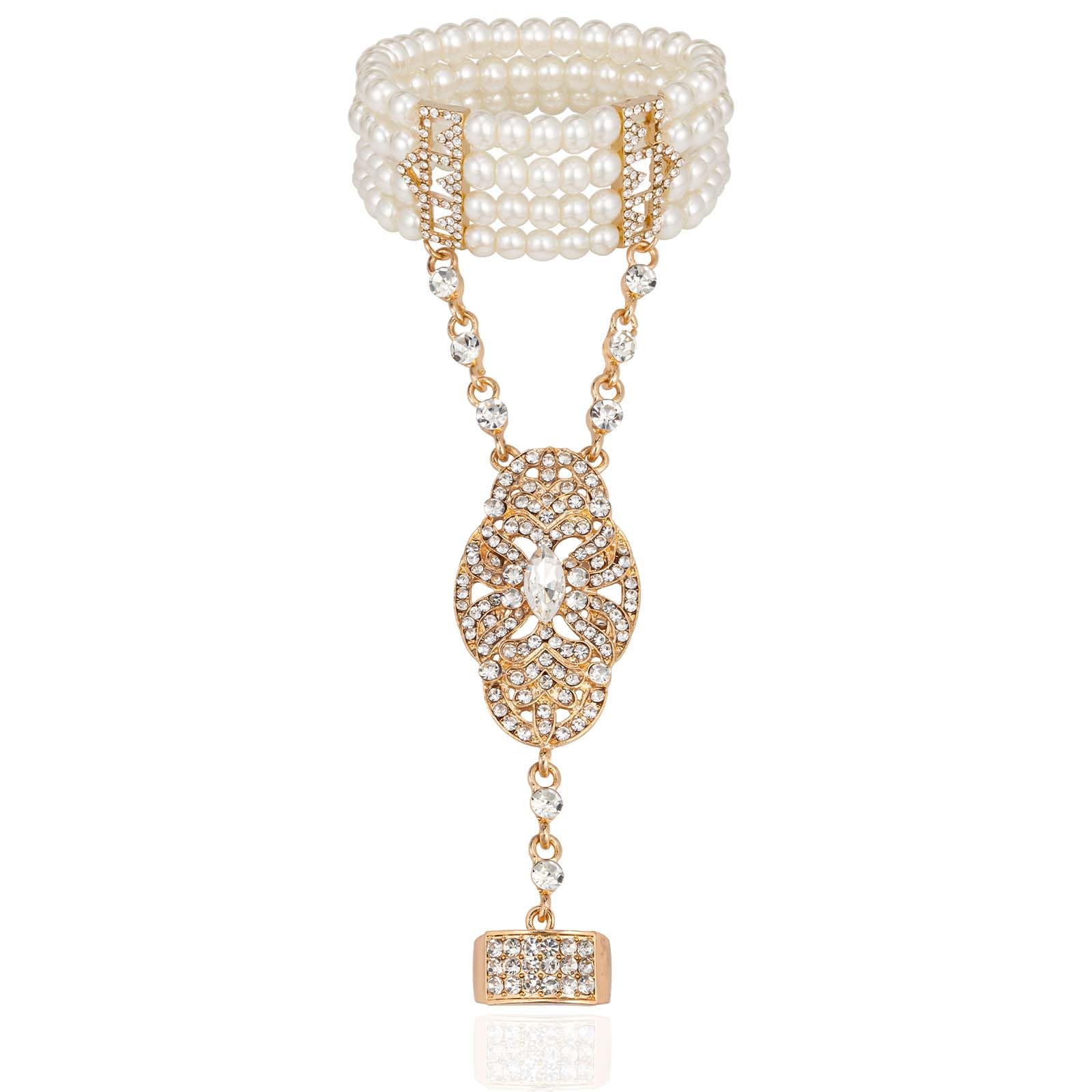 BABAYOND 1920s Flapper Bracelet Ring Set Roaring 20s The Great Gatsby Austrian Crystals Imitation Pearl Bracelet Accessory (Gold)