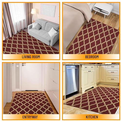 Machine Washable Trellis Design Non-Slip Rubberback 3x5 Traditional Area Rug for Living Room, Bedroom, Kitchen, 3'3 x 4'11", Red