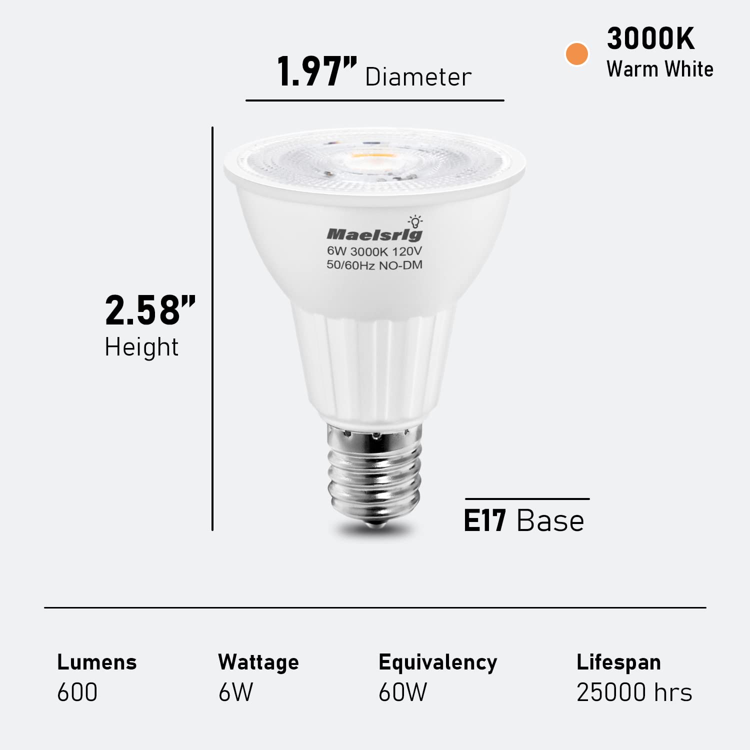 Maelsrlg E17 LED Bulb 6W(60 Watt Equivalent), Intermediate Base Spotlight Bulb, Warm White 3000K, E17 Reflector R14 Bulb for Curio Cabinet, Non-Dimmable, Pack of 2