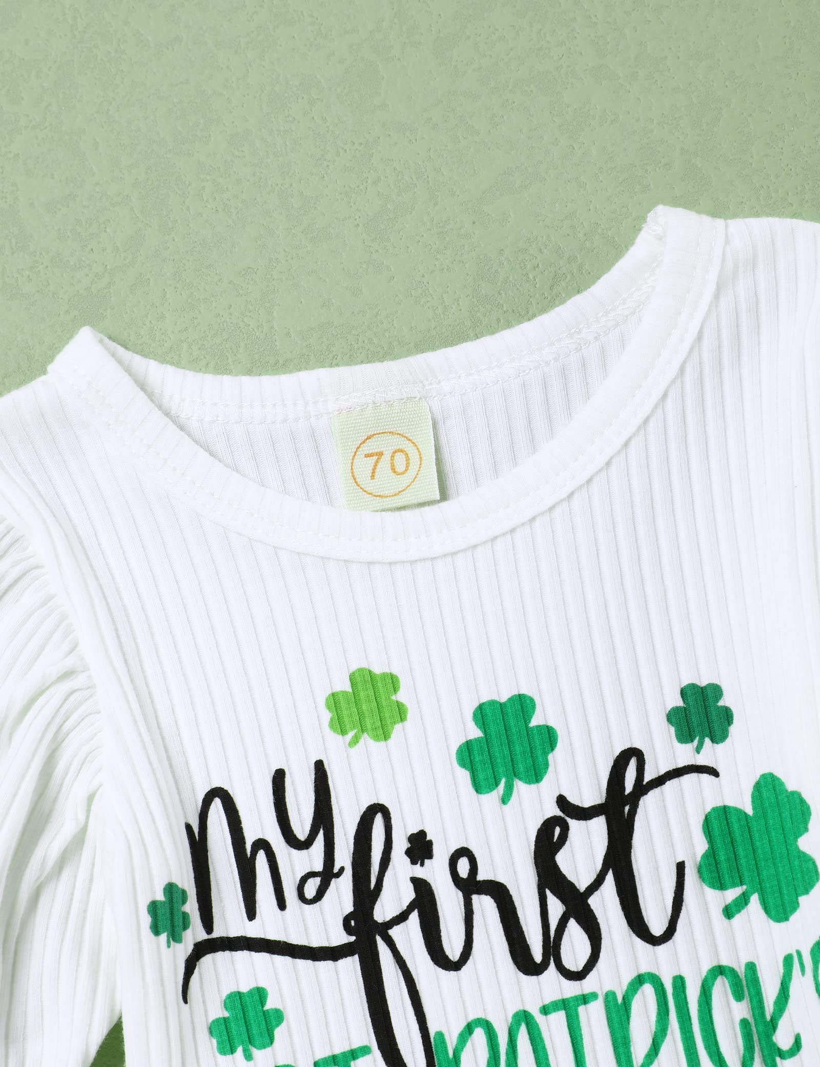 bilison St Patricks Day Baby Girl Outfit My First St Patricks Day Romper Tops Four Leaf Clover Flare Pants with Headband Set