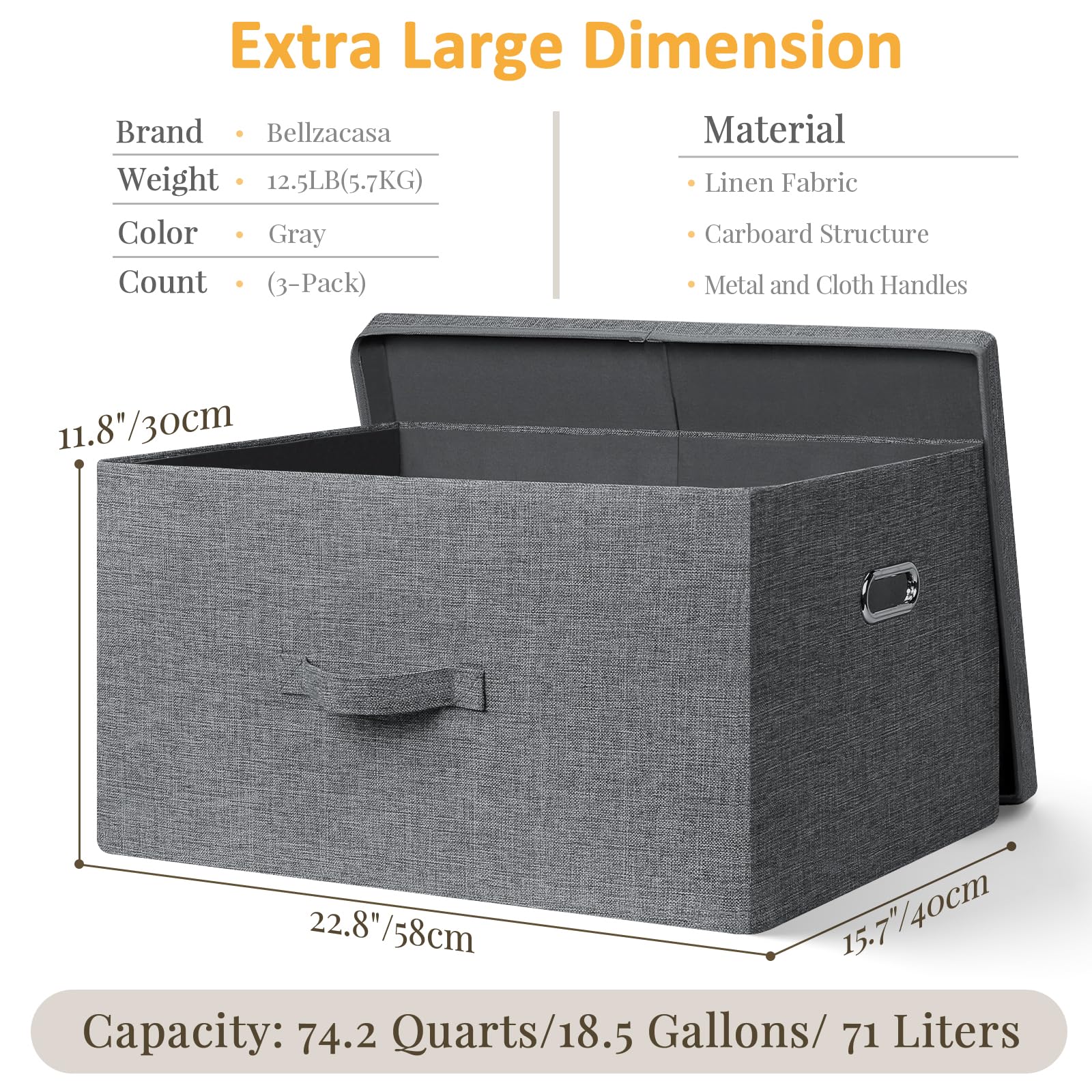 Bellzacasa Extra Large Collapsible Storage Bins with Lids, 3 Pack Linen Fabric Foldable Storage Bin Cube with 4 Handles, Storage Baskets Box for Home, Office, Closet, Gray, 22.8x15.7x11.8β