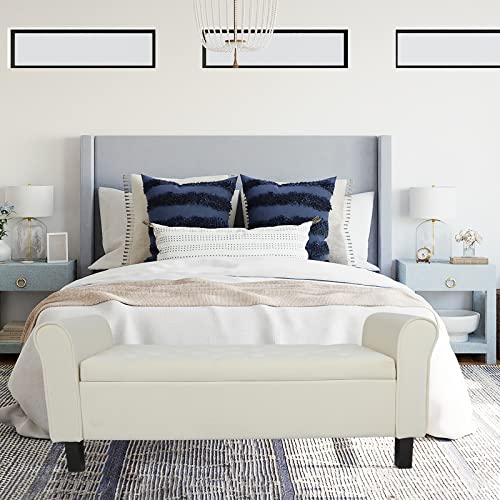 Babion Storage Bench End of Bed, Velvet Ottoman Bench with Storage and Arms, Upholstered Fabric Storage Ottoman Bench with Button Tufted, Storage Bench for Bedroom Living Room(White)