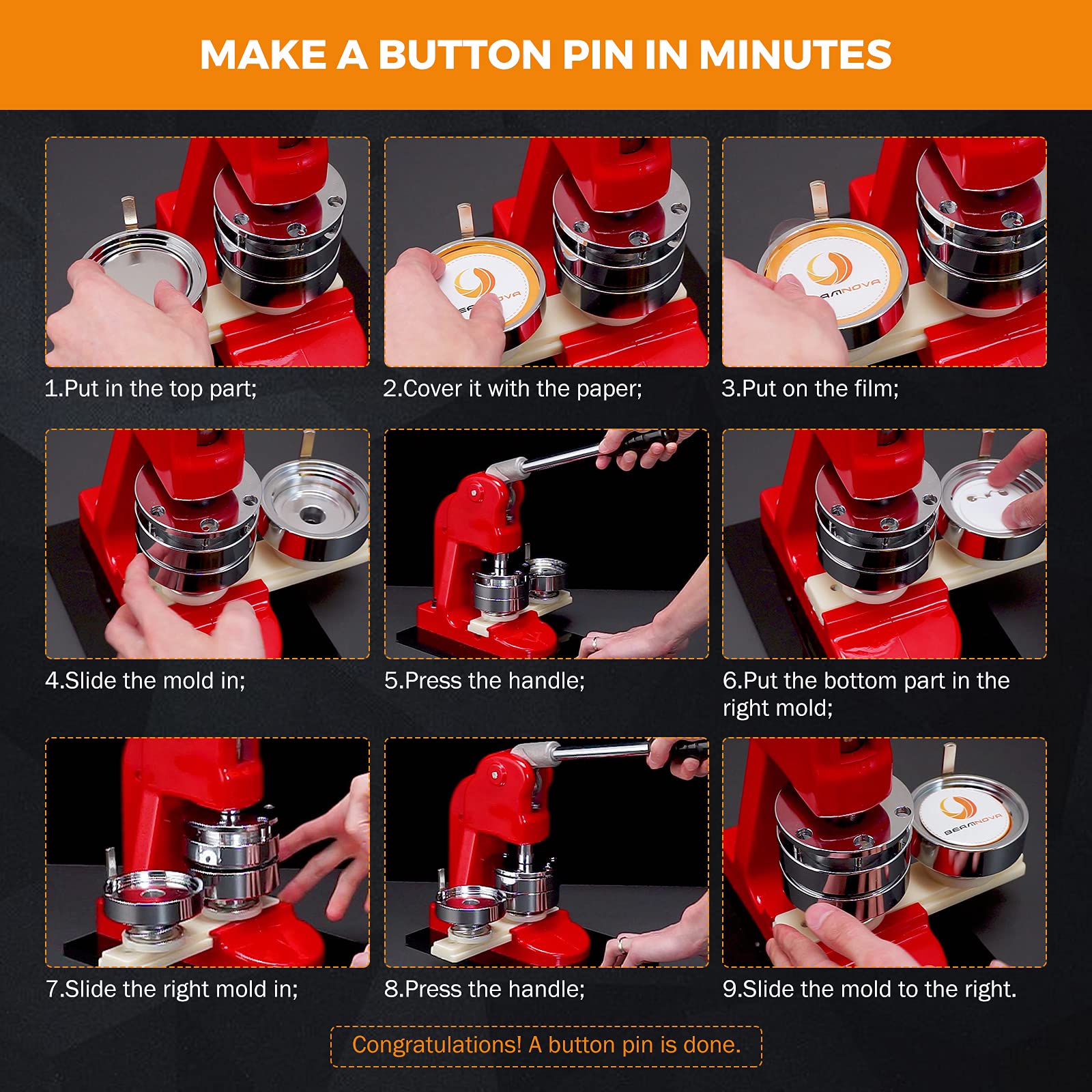 BEAMNOVA Button Maker Machine DIY Round Pin Maker Kit, 32mm / 1.26 in (About 1-1/4 Inch) Badge Press Machine with 1000 Button Blanks Parts Supplies