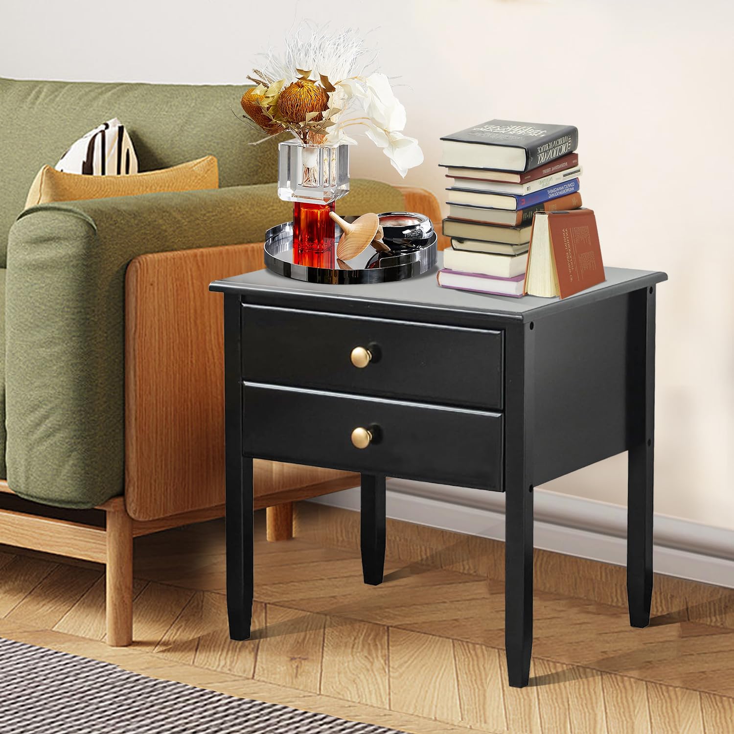 DOUSY Black Bamboo Nightstand Set of 2, Mid-Century Modern Night Stand with 2 Drawers for Bedroom, Bedside Table Side Table for Small Spaces, Bedroom