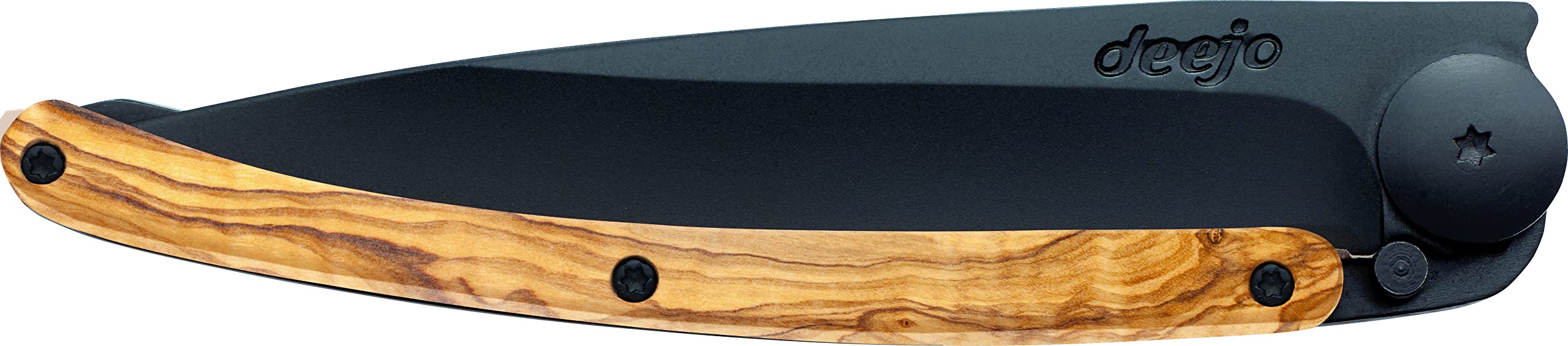deejo Ultra Lightweight Folding Pocket Knife with Belt Clip - Olive Wood Version 1.3 oz - Fine, Sharp Blade - Black Titanium Coating Stainless Steel - Elegant and Modern Design