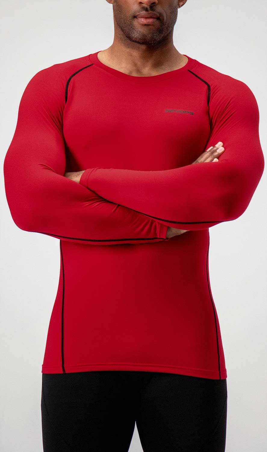 DEVOPS 2 Pack Men's Thermal Long Sleeve Compression Shirts (Large, Black/Red)