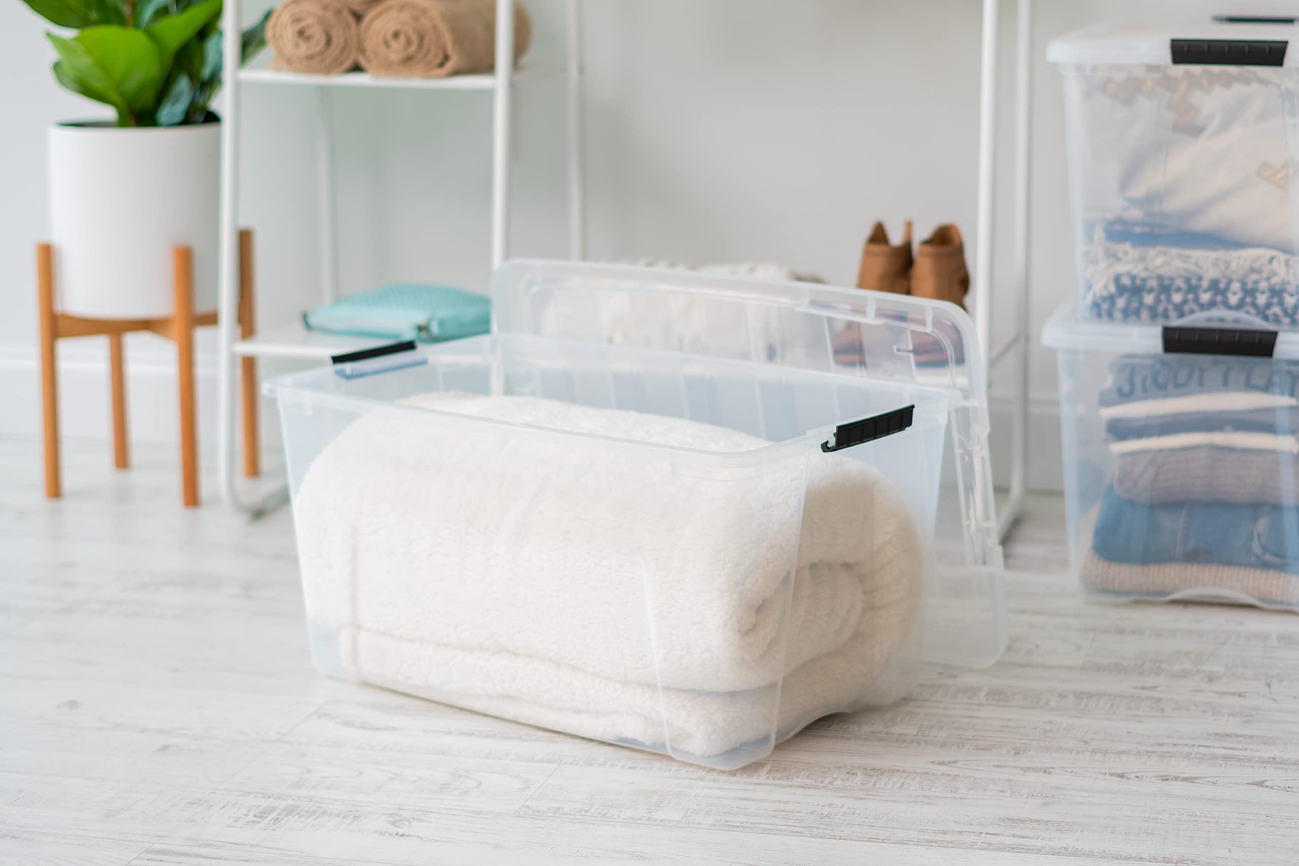 IRIS USA 72 Qt Stackable Plastic Storage Bins with Lids, 4 Pack - BPA-Free, Made in USA - See-Through Organizing Solution, Latches, Durable Nestable Containers, Secure Pull Handle - Clear