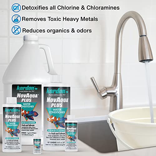 Kordon NOVAQUA Plus - Freshwater & Saltwater Aquarium Water Conditioner β Instantly Detoxifies Chlorine, Chloramines, & Heavy Metals, Replaces Fish Slime Coat, Reduces Fish Stress, 1-Gallon
