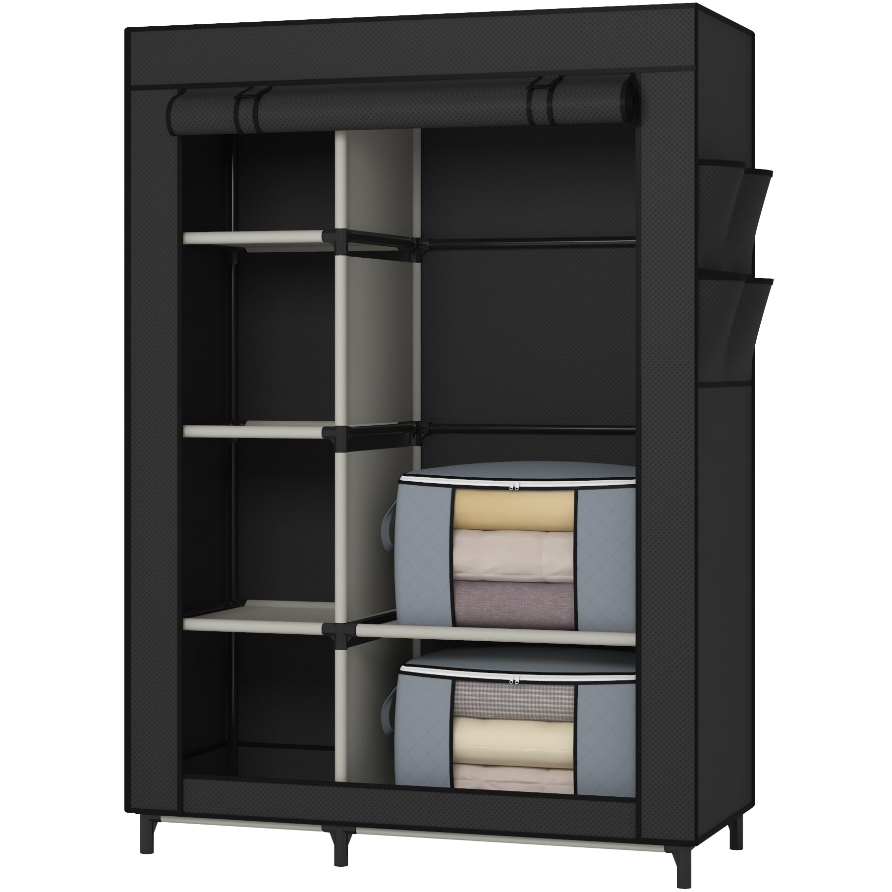 Calmootey Portable Closet, Wardrobe with 6 Shelves and Hanging Rod, Storage Organizer for Bedroom, Non-Woven Fabric Cover with 4 Side Pockets, Includes 2 Storage Bags for Clothes, Black