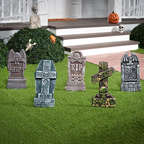JOYIN 17β Halloween Foam RIP Graveyard Tombstones (5 Pack), Yard Sign Headstone Decorations and 12 Bonus Metal Stakes for Halloween Yard Outdoor Indoor Decorations