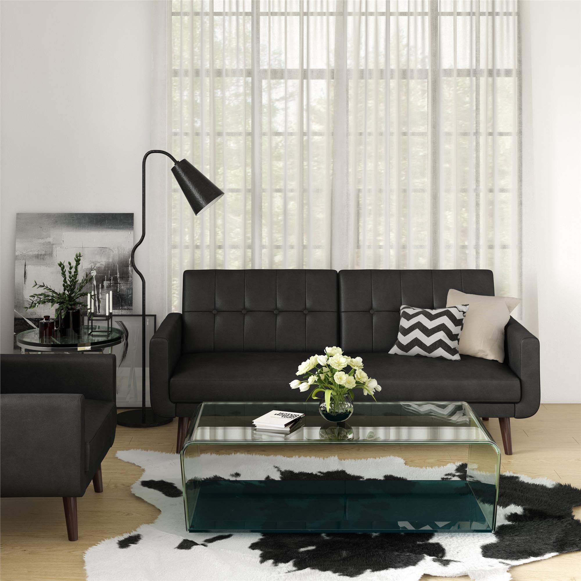DHP Nia 79 Inch Futon Sofa Bed in Faux Leather, Upholstered Couch Sleeper with Button Tufted Back, Mid-Century Modern, Black