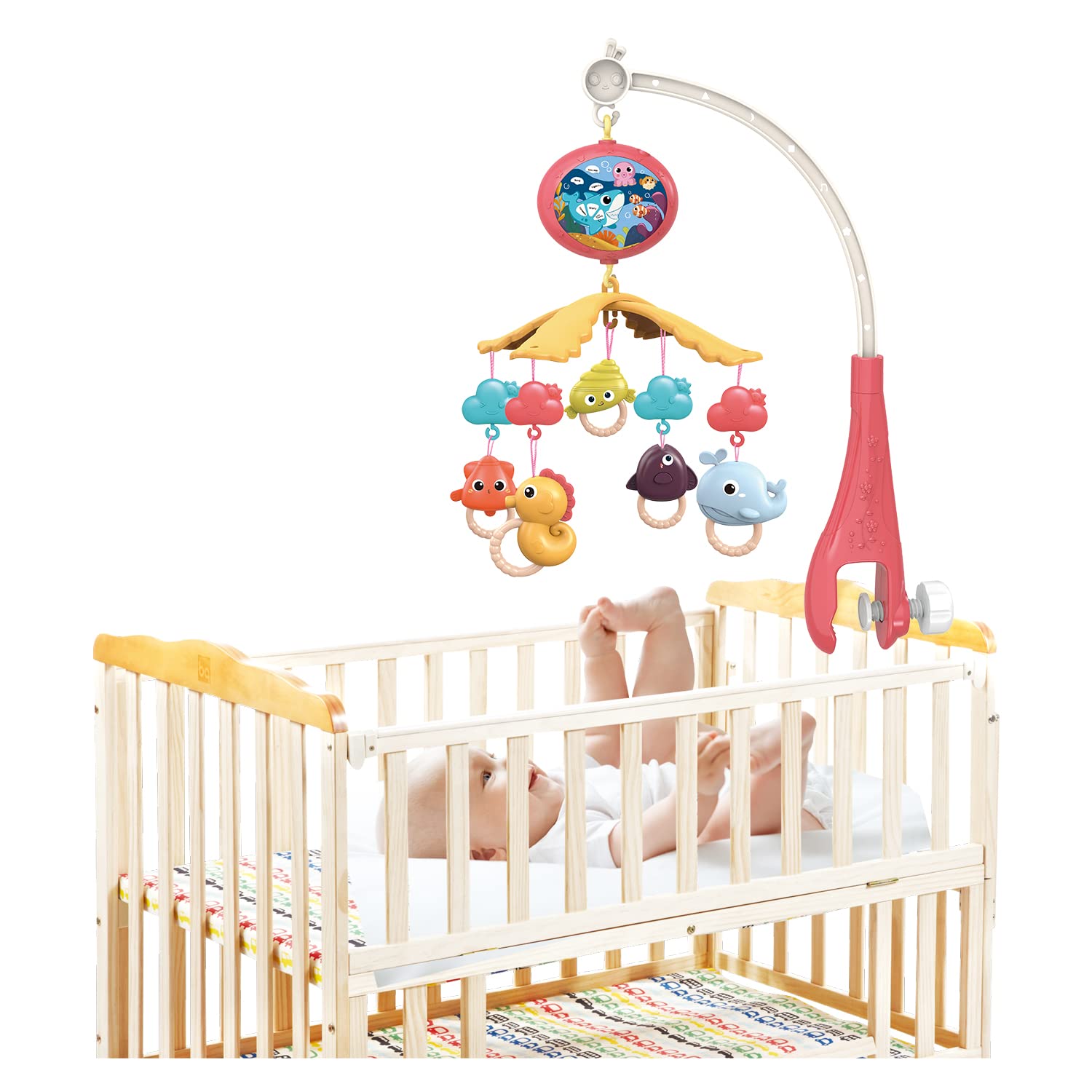 Baby Musical Crib Mobile Bed Bell Crib Bell, Multi-Function Electric Projection Light Music Box with Lullaby, Ocean Animals 360°Hanging Rotating Teether Rattle Toys(Red)