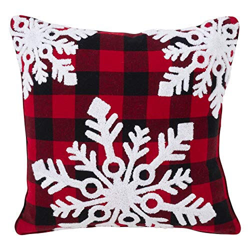 SARO LIFESTYLE La Neige Collection 100% Cotton Buffalo Plaid Snowflake Pillow with Down Filling, 18"