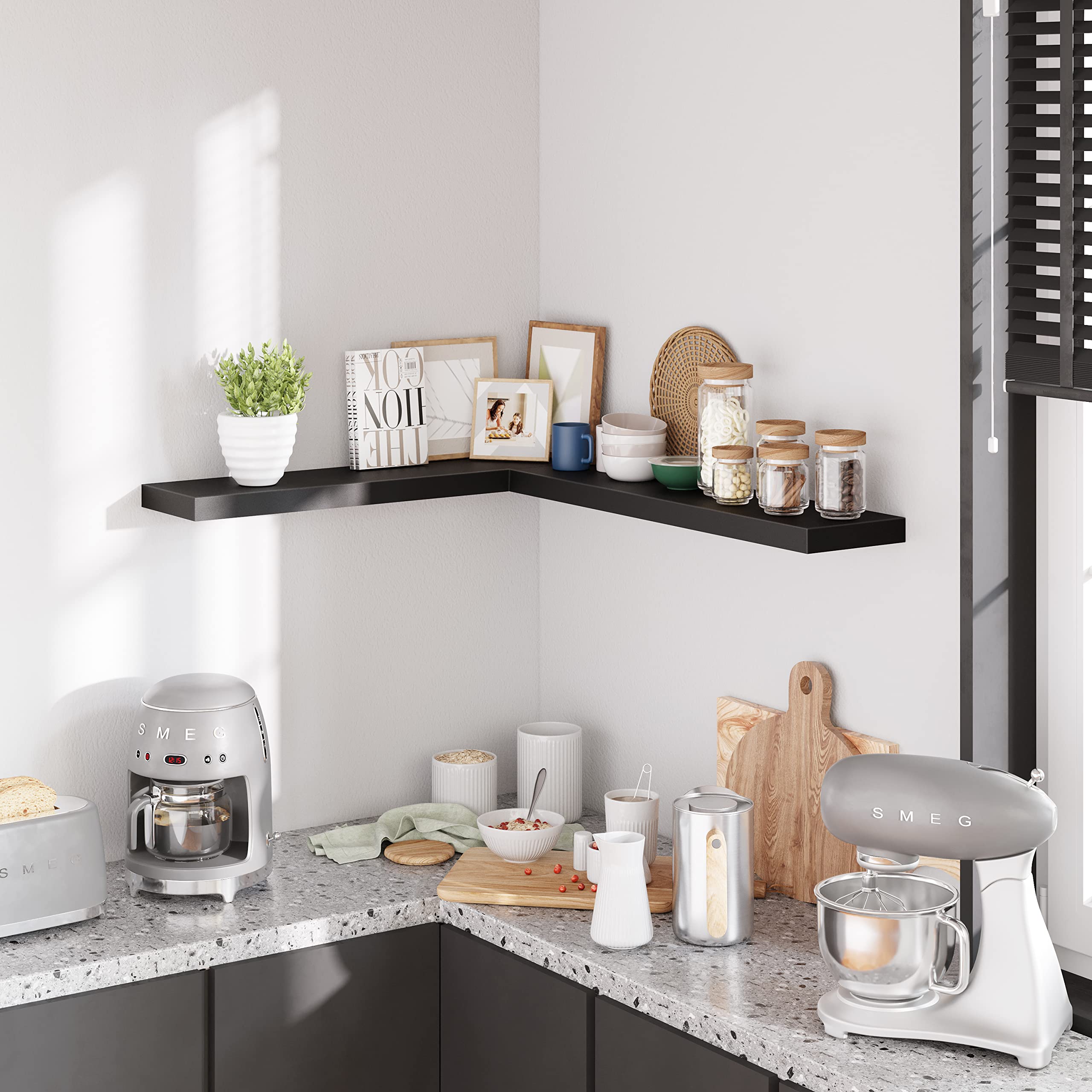 BAMEOS Floating Shelves, Black Wall Mounted Wooden Shelves with Invisible Brackets Set of 2, Hanging Wall Shelves Decoration for Bedroom and Kitchen