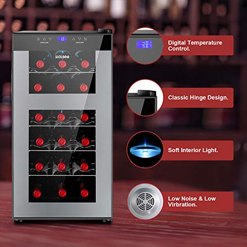 maisee Wine Fridge Dual Zone,18 Bottles Wine Cooler Refrigerator Chiller Upper Zone 46f-54f Lower Zone 54f-65f for Red White Wine Champagne in Home Office Bedroom Countertop (18 Bottles,Black